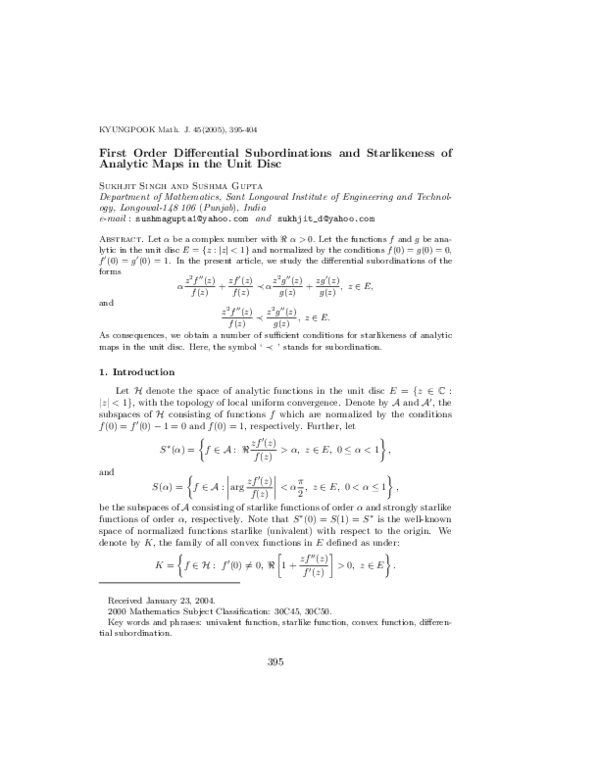 Pdf First Order Differential Subordinations And Starlikeness Of