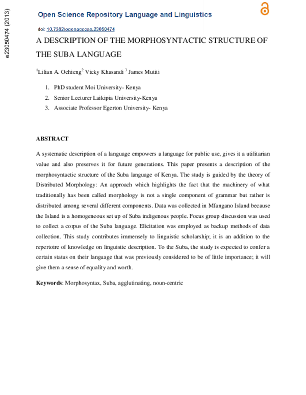 (PDF) A Description of the Morphosyntactic Structure of the Suba Language