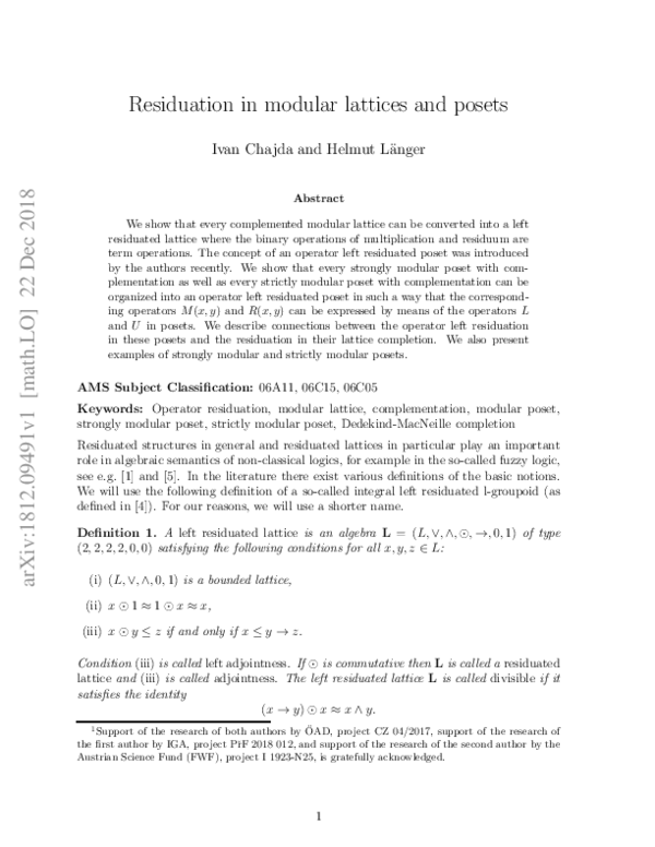 (PDF) Residuation in modular lattices and posets