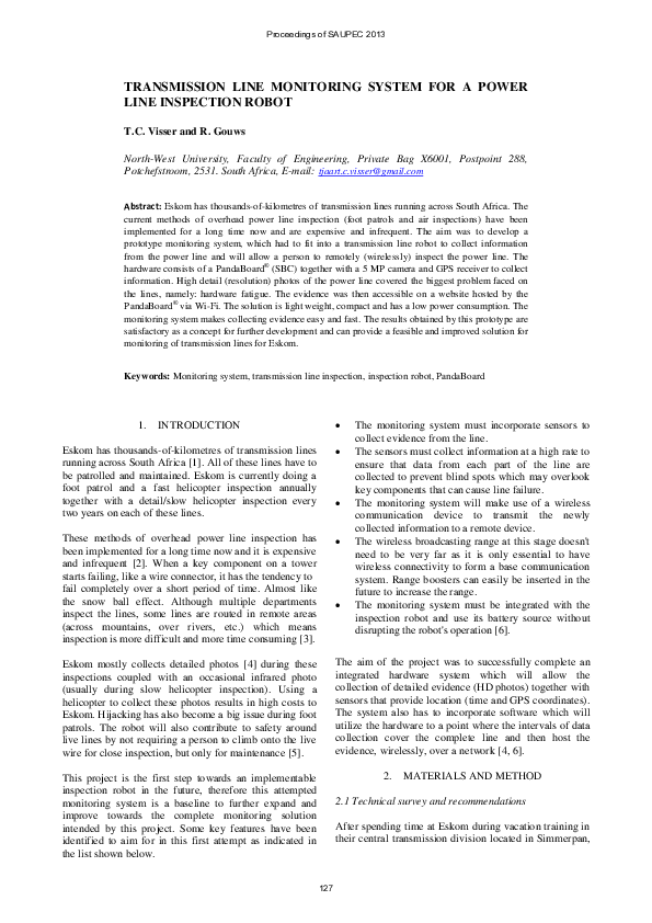 (PDF) Transmission line monitoring system for a power line inspection robot