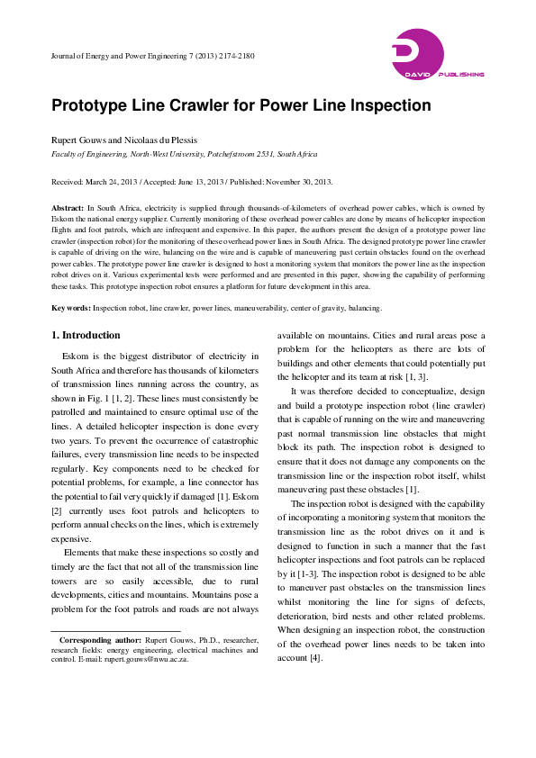 (PDF) Prototype Line Crawler for Power Line Inspection