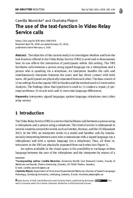 (PDF) The use of the text-function in Video Relay Service calls
