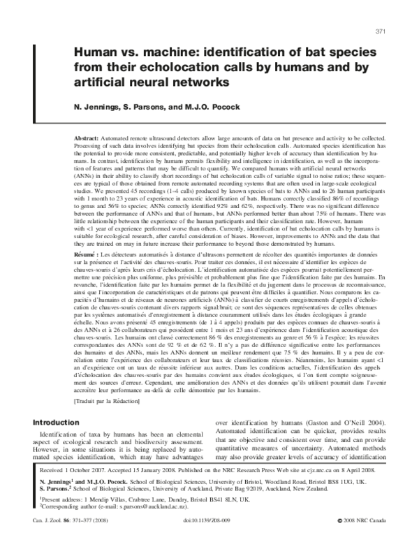(PDF) Human vs. machine: identification of bat species from their ...