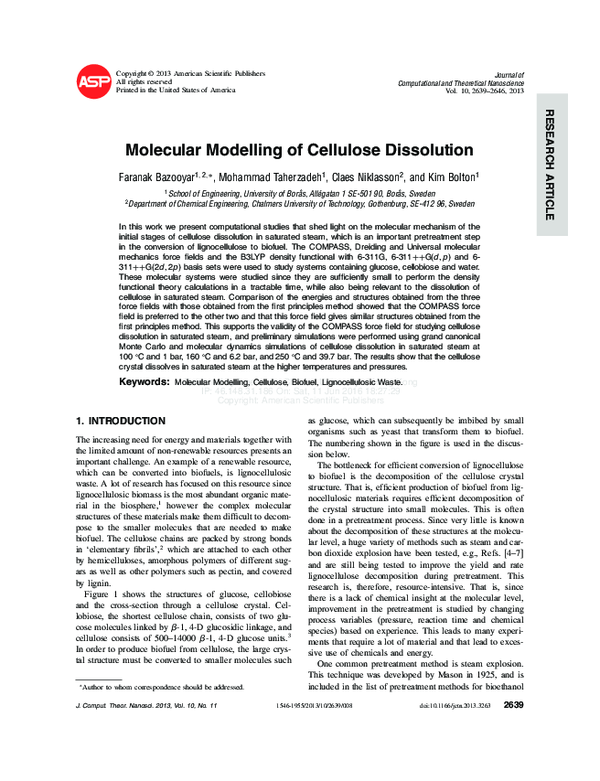 (PDF) Molecular Modelling of Cellulose Dissolution (PDF) Molecular Modelling of Cellulose Dissolution