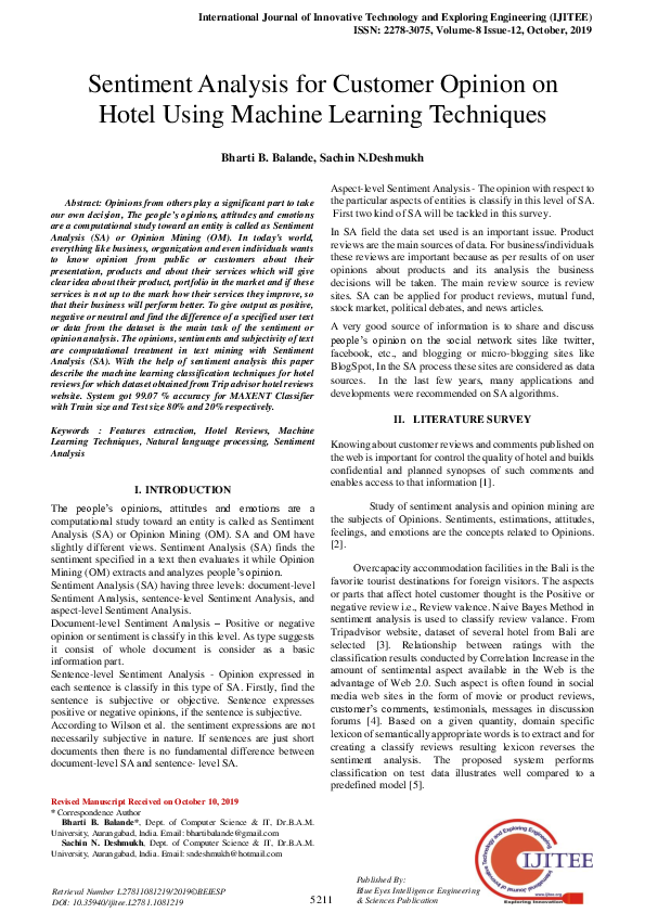(PDF) Sentiment Analysis for Customer Opinion on Hotel Using Machine Learning Techniques