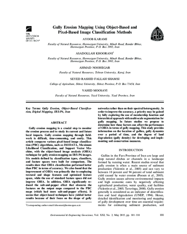 Pdf Gully Erosion Mapping Using Object Based And Pixel Based Image Classification Methods 0165
