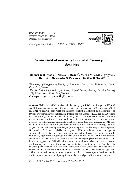 (PDF) Grain yield of maize hybrids at different plant densities