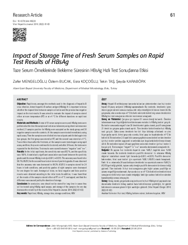 (PDF) Impact of Storage Time of Fresh Serum Samples on Rapid Test ...