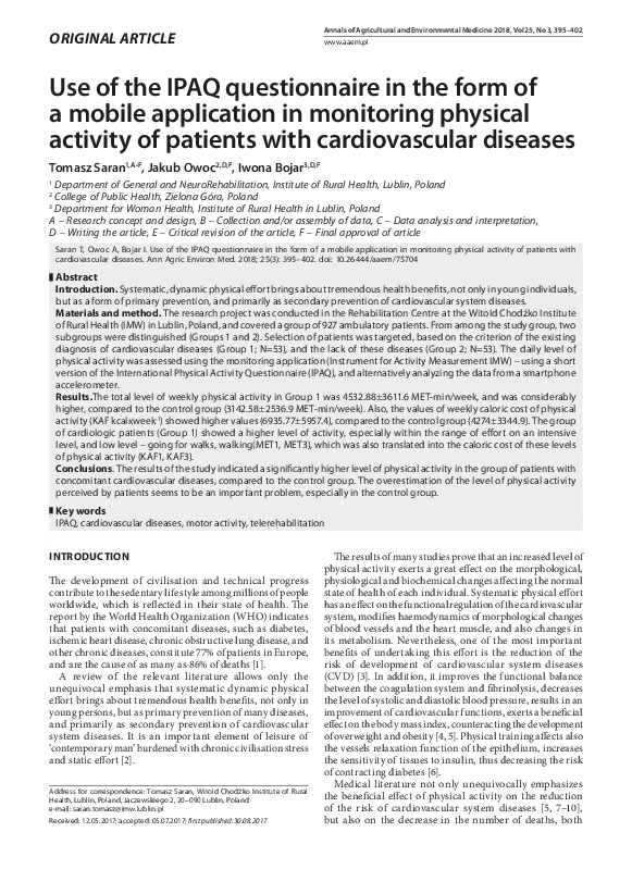 (PDF) Use of the IPAQ questionnaire in the form of a mobile application in monitoring physical ...