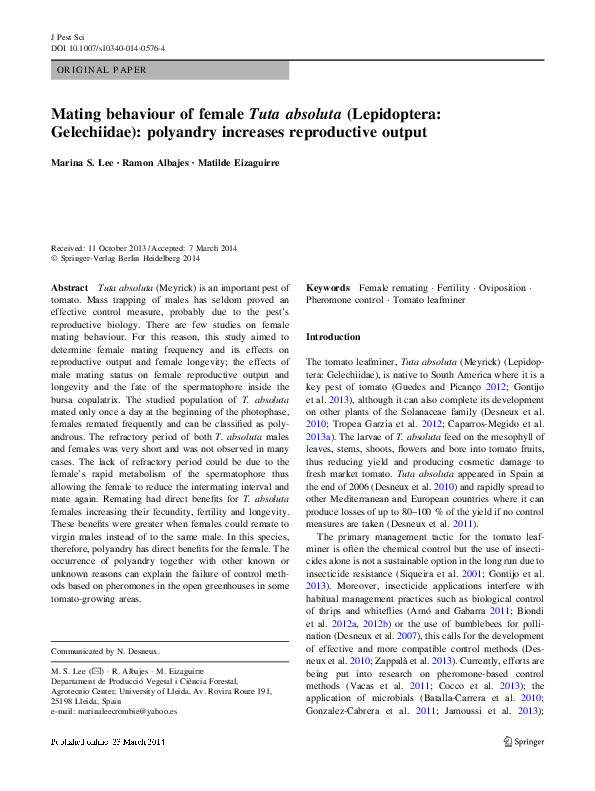 (PDF) Mating behaviour of female Tuta absoluta (Lepidoptera ...