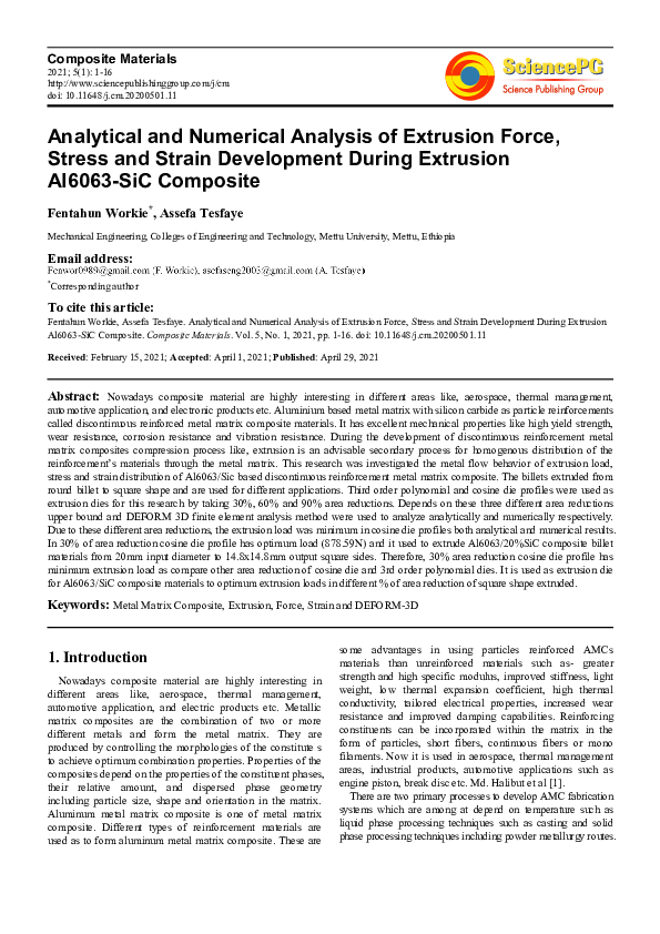 (PDF) Analytical and Numerical Analysis of Extrusion Force, Stress and Strain Development During ...
