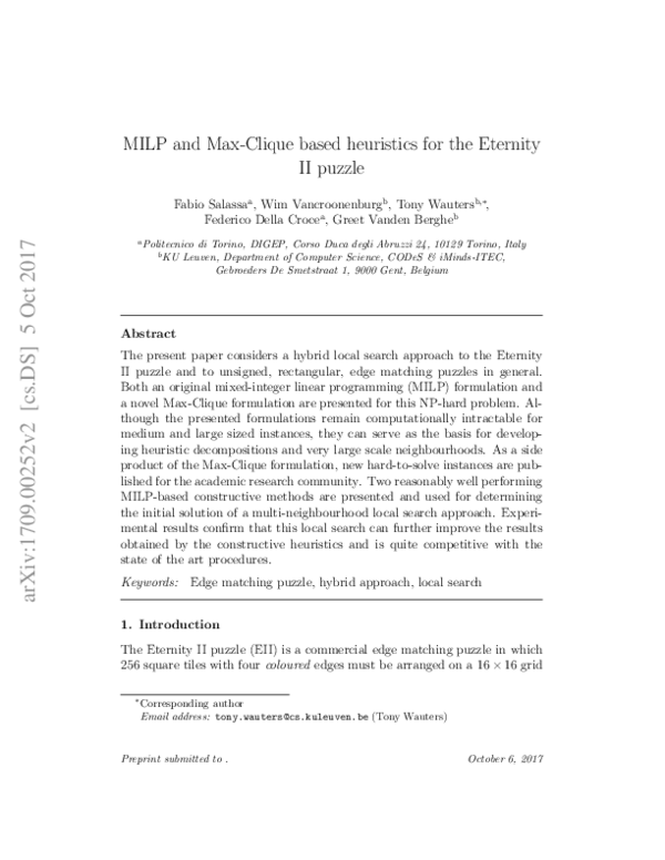 (PDF) MILP and Max-Clique based heuristics for the Eternity II puzzle