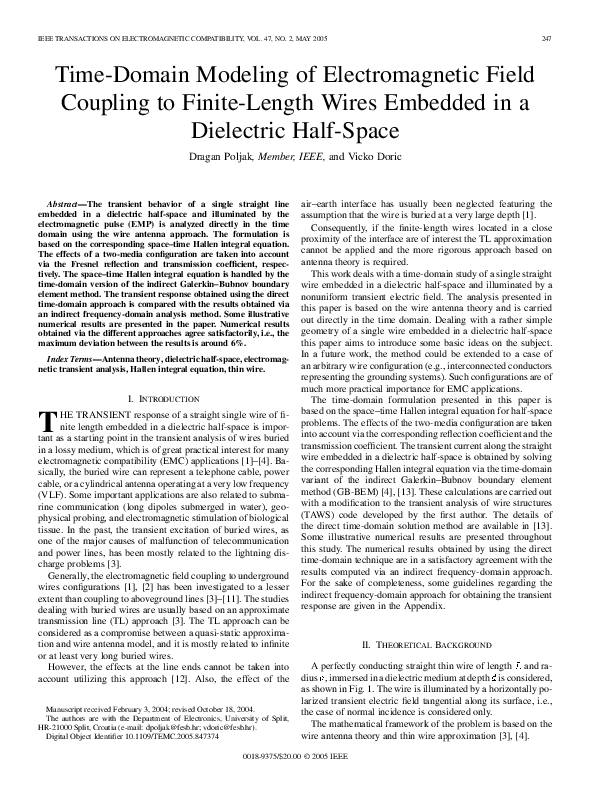 Pdf Time Domain Modeling Of Electromagnetic Field Coupling To Finite Length Wires Embedded In