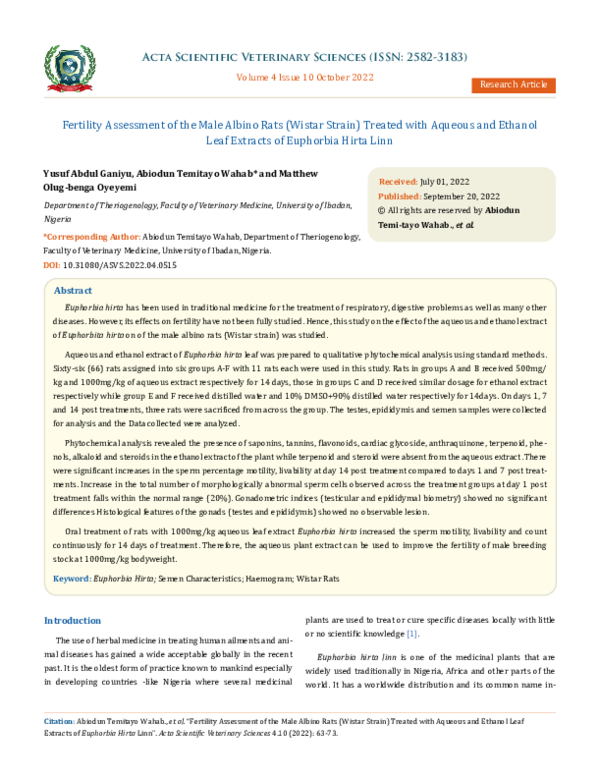 (PDF) Fertility Assessment of the Male Albino Rats (Wistar Strain ...