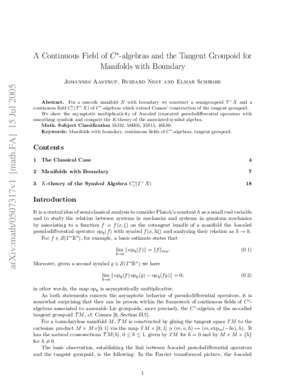 (PDF) A Continuous Field of C*-algebras and the Tangent Groupoid for Manifolds with Boundary