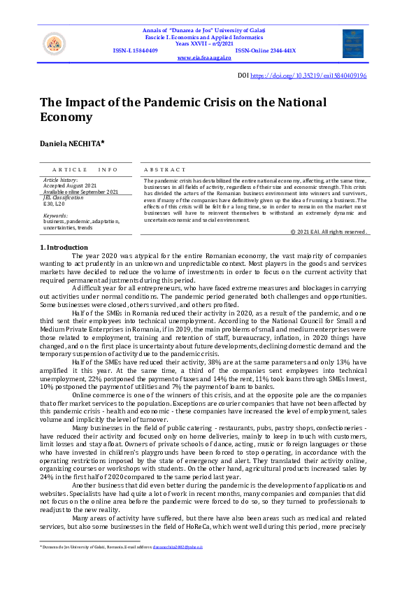 (PDF) The Impact of the Pandemic Crisis on the National Economy