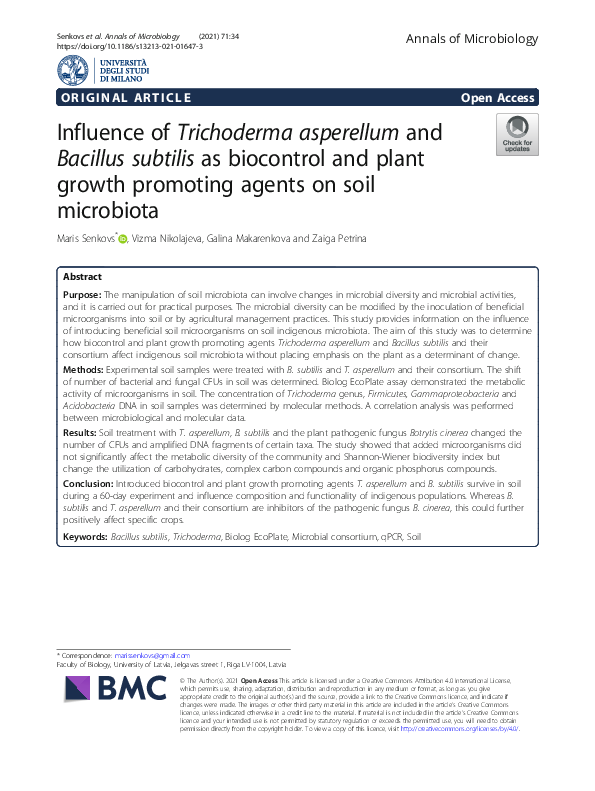 Pdf Influence Of Trichoderma Asperellum And Bacillus Subtilis As Biocontrol And Plant Growth