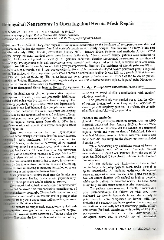 (PDF) Ilioinguinal neurectomy in open inguinal hernia mesh repair