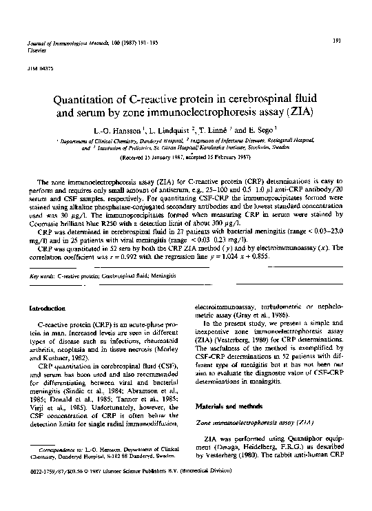 (PDF) Quantitation of C-reactive protein in cerebrospinal fluid and serum by zone ...