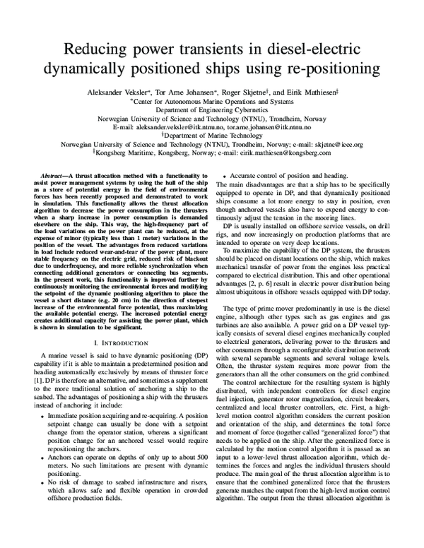 (PDF) Reducing power transients in diesel-electric dynamically positioned ships using re-positioning
