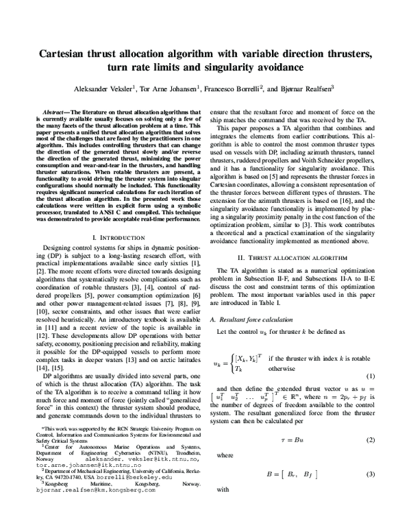 Pdf Cartesian Thrust Allocation Algorithm With Variable Direction Thrusters Turn Rate Limits
