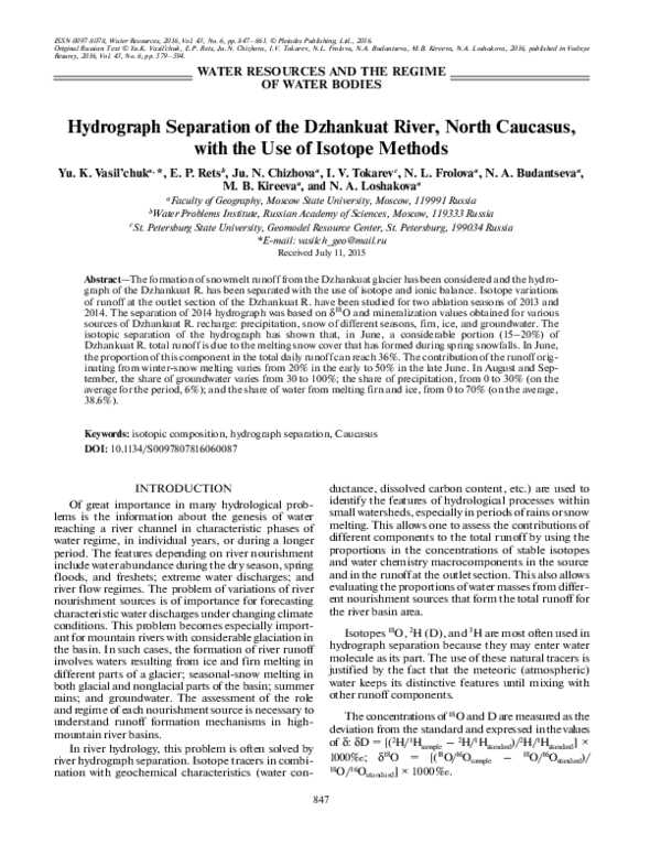(PDF) Hydrograph separation of the Dzhankuat River, North Caucasus, with the use of isotope ...