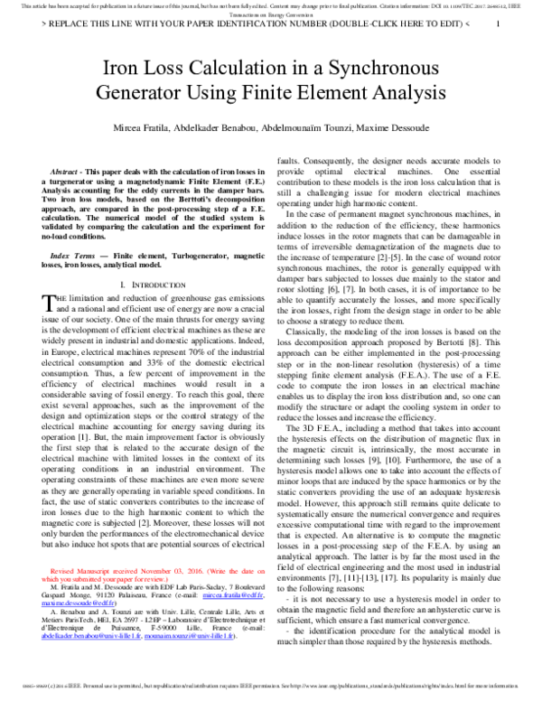 (PDF) Iron Loss Calculation in a Synchronous Generator Using Finite Element Analysis