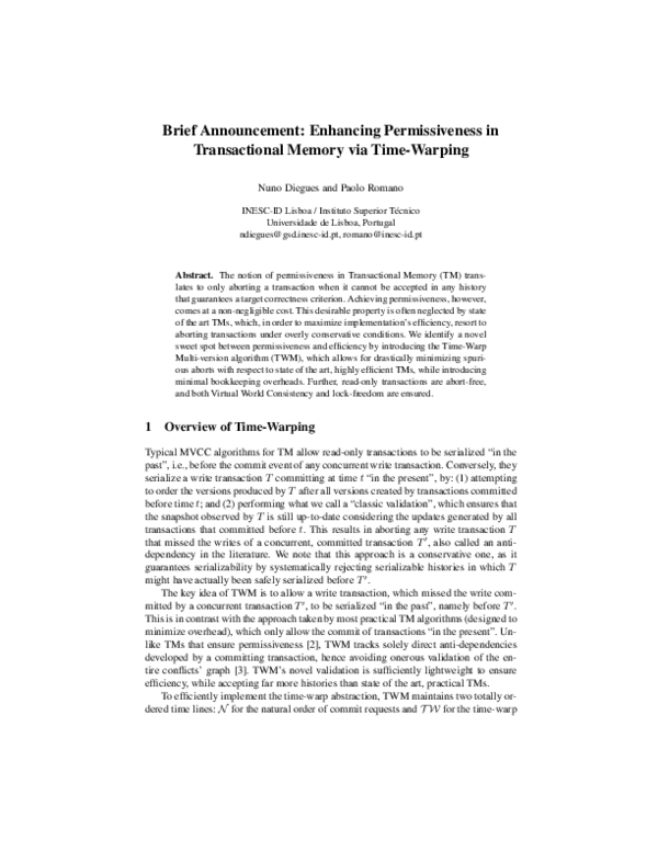 (PDF) Brief Announcement: Enhancing Permissiveness in Transactional Memory via Time-Warping