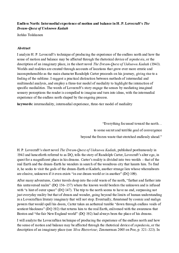 Endless North: Intermedial experience of motion and balance in H. P. Lovecraft's The Dream-Quest ...