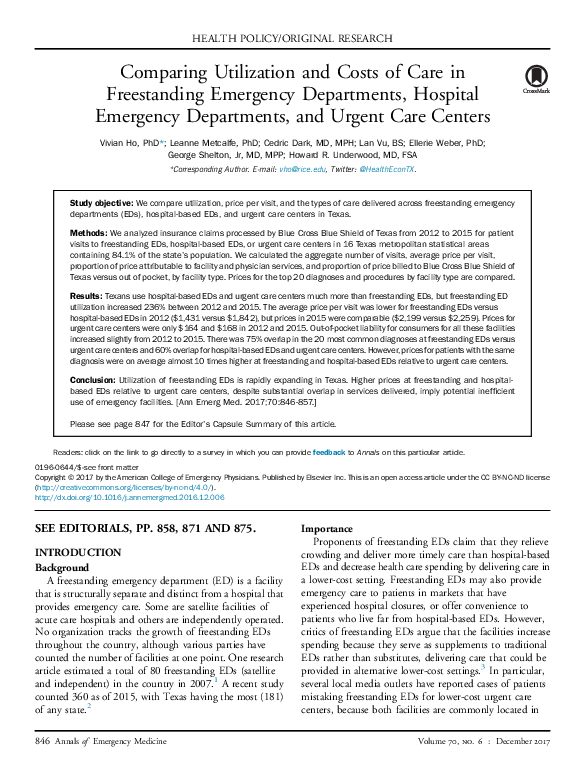 (PDF) Comparing Utilization and Costs of Care in Freestanding Emergency ...