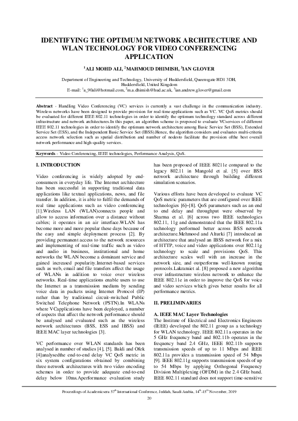 (PDF) Identifying the Optimum Network Architecture and WLAN Technology for Video Conferencing ...