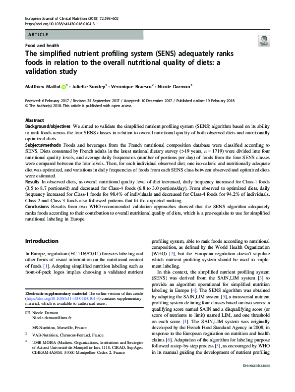 (PDF) The simplified nutrient profiling system (SENS) adequately ranks foods in relation to the ...