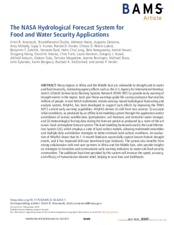 (PDF) The NASA Hydrological Forecast System for Food and Water Security ...