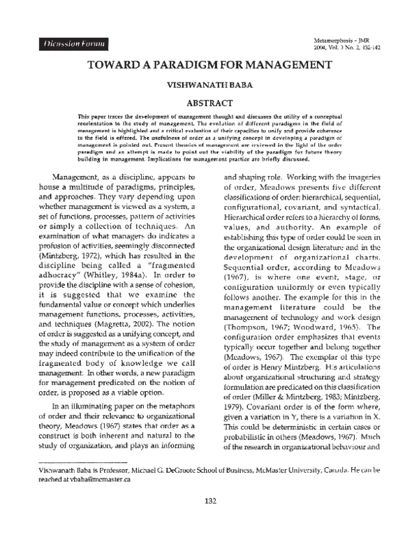 (PDF) Toward a Paradigm for Management