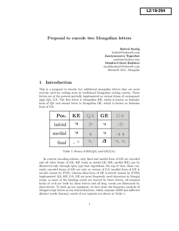 (PDF) Proposal to encode two Mongolian letters