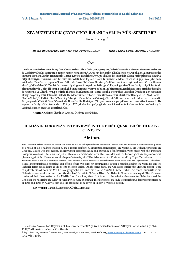 (PDF) XIV. Yüzyilin İlk Çeyreği̇nde İlhanli-Avrupa Münasebetleri̇