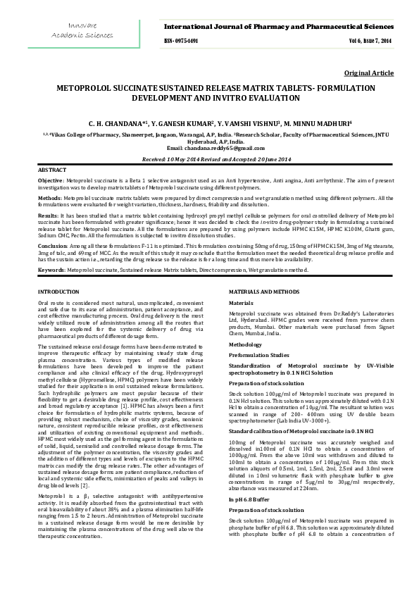 Pdf Metoprolol Succinate Sustained Release Matrix Tablets Formulation Development And Invitro