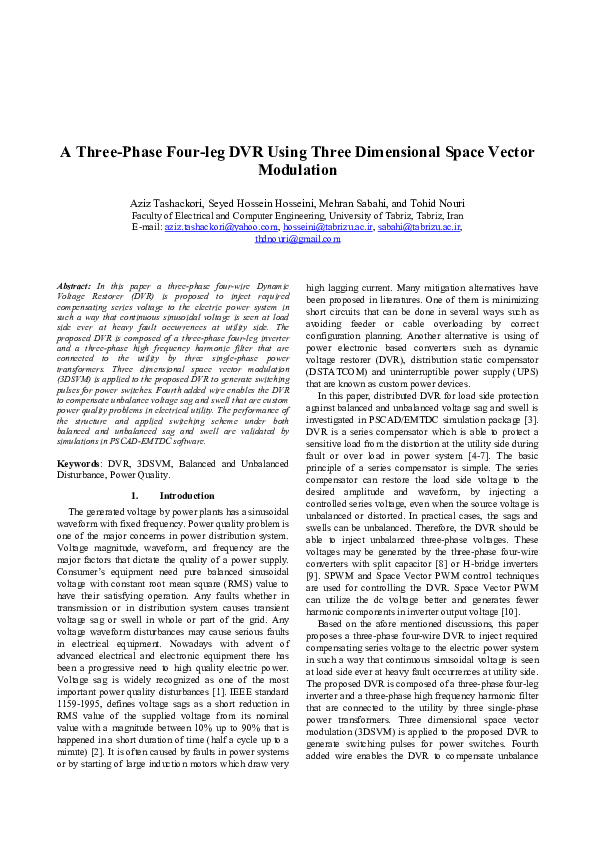 Pdf A Three Phase Four Leg Dvr Using Three Dimensional Space Vector Modulation