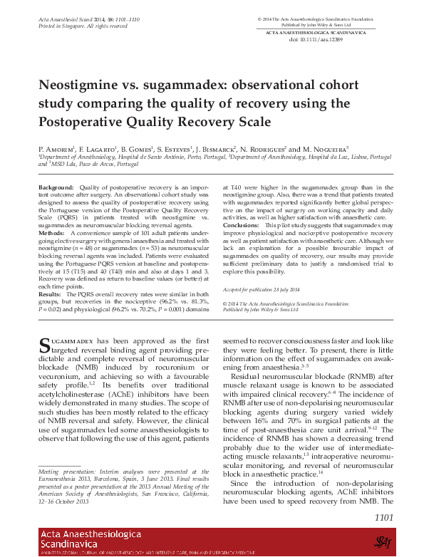 (PDF) Neostigmine vs. sugammadex: observational cohort study comparing ...