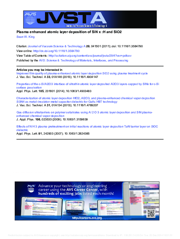 (PDF) Plasma enhanced atomic layer deposition of SiNx:H and SiO2
