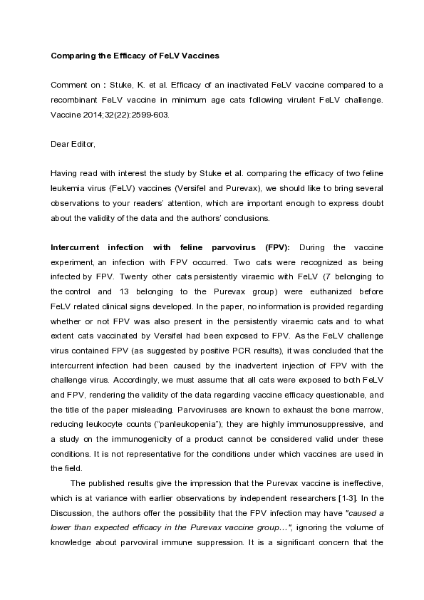 (PDF) Efficacy of an inactivated FeLV vaccine compared to a recombinant FeLV vaccine in minimum ...