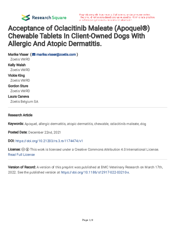 (PDF) Acceptance of Oclacitinib Maleate (Apoquel®) Chewable Tablets In ...