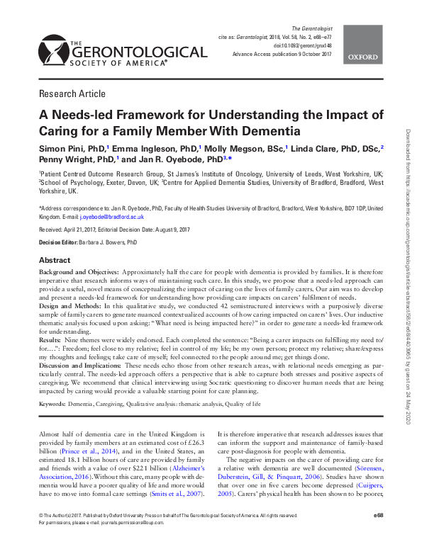 (PDF) A Needs-led Framework for Understanding the Impact of Caring for ...
