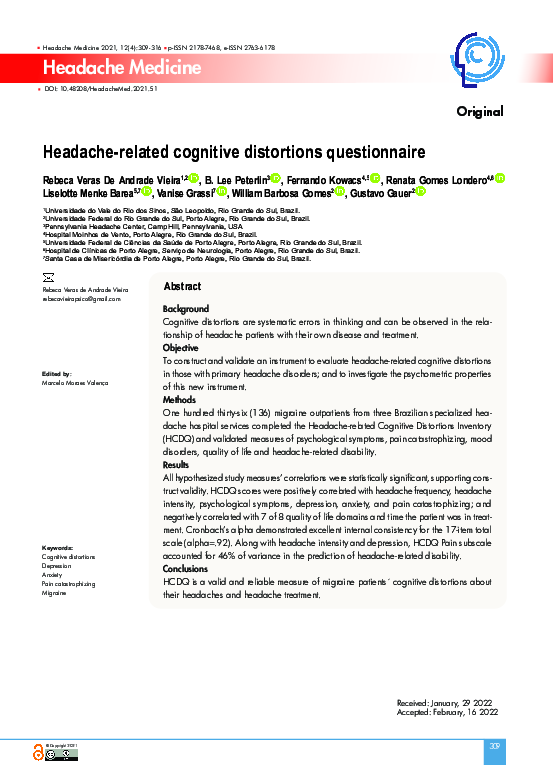 (PDF) Headache-related cognitive distortions questionnaire