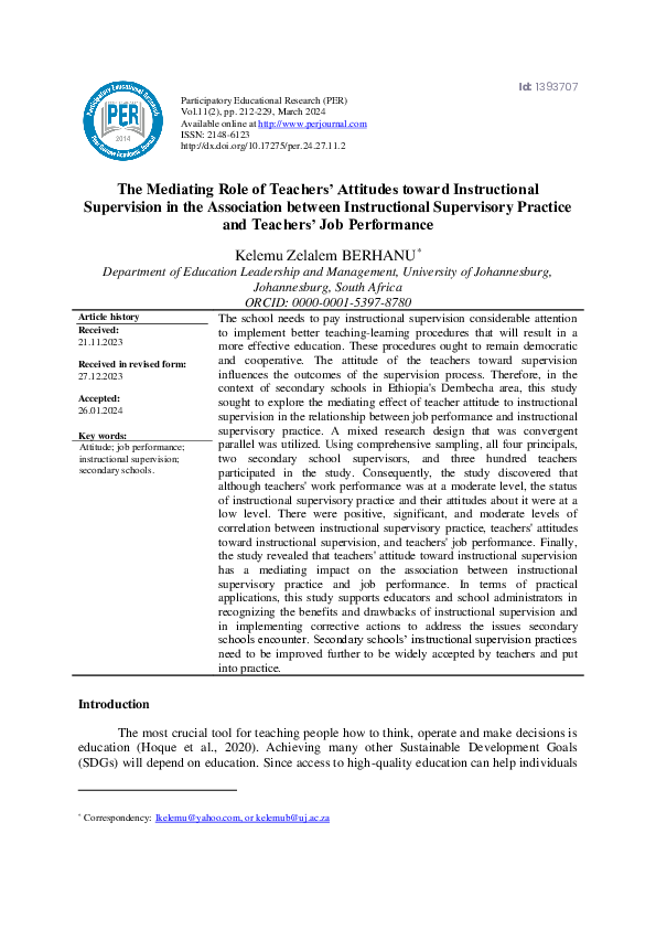 (PDF) The Mediating Role of Teachers' Attitudes toward Instructional Supervision in the ...