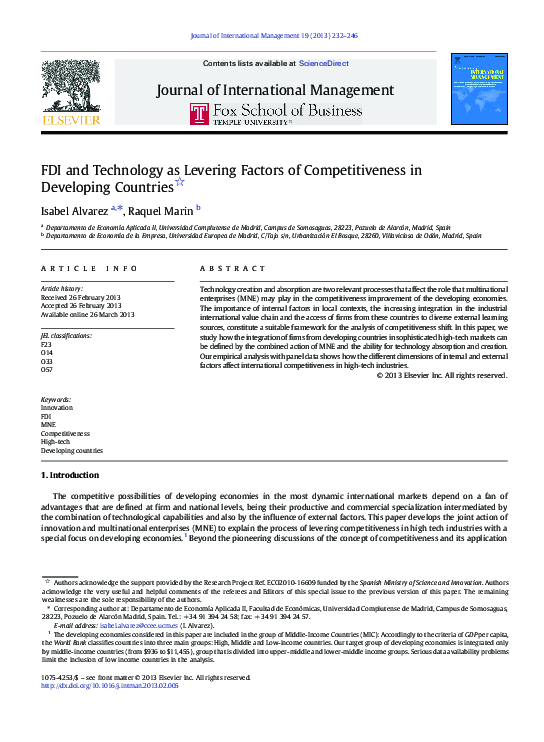 (PDF) FDI and Technology as Levering Factors of Competitiveness in ...