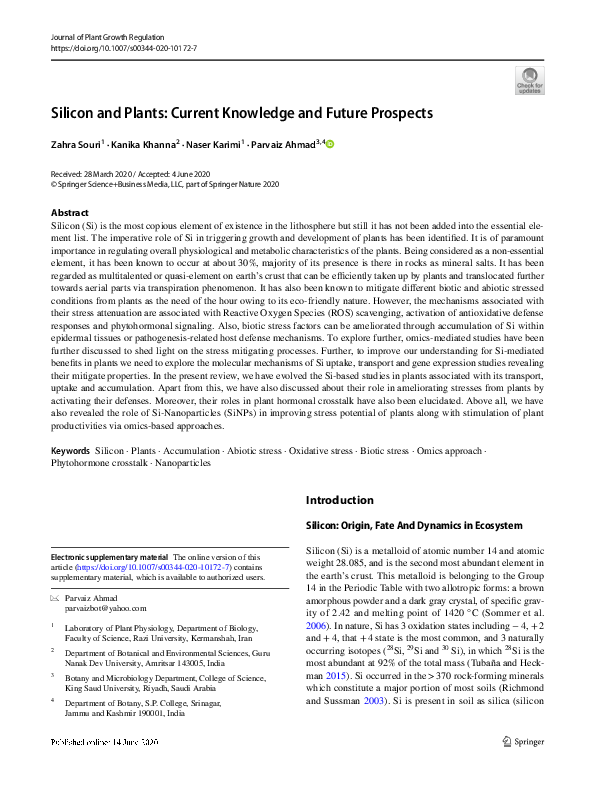 (PDF) Silicon and Plants: Current Knowledge and Future Prospects