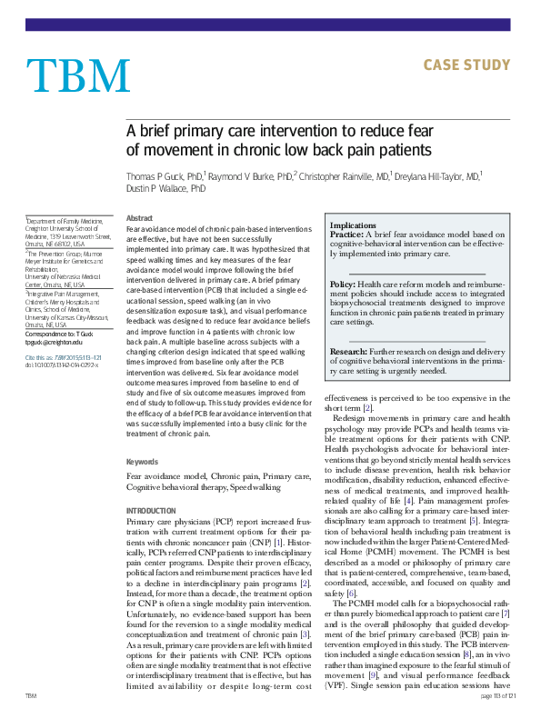 (PDF) A brief primary care intervention to reduce fear of movement in ...