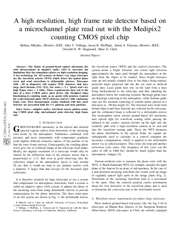 (PDF) A novel high resolution, high frame rate detector based on a microchannel plate read out ...