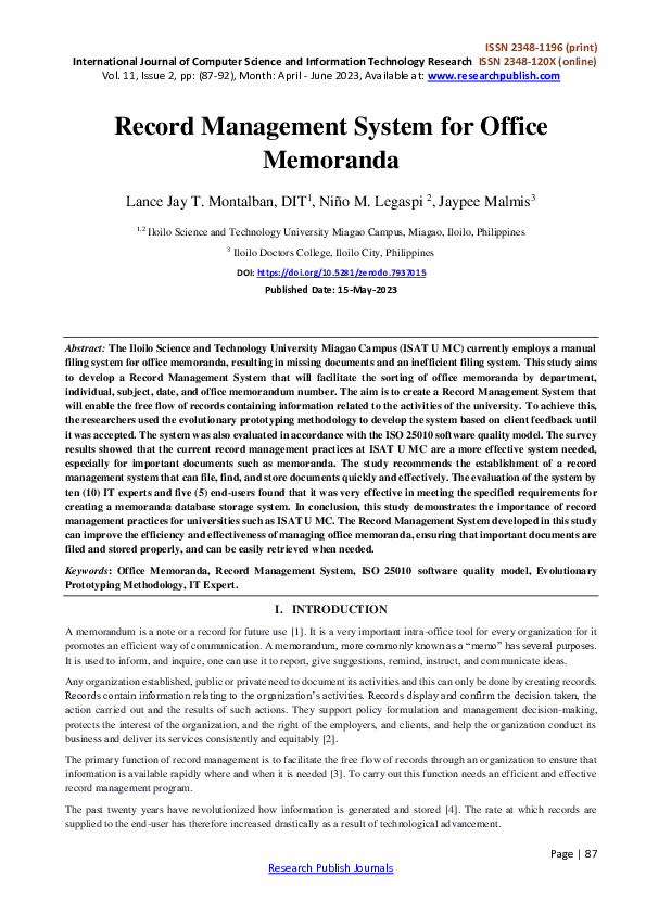 (PDF) Record Management System for Office Memoranda